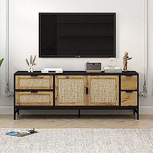 Voohek Rattan Boho TV Stand with Drawers and Adjustable Shelves, Entertainment Center w/Storage for 65 inch Television, Media Console Table for Living Room, Black