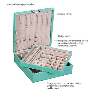 BEWISHOME Jewelry Box Gifts for Girls Women Jewelry Organizer Box 2 Layers Velvet Jewelry Boxes with Necklace Hooks, PU Leather Jewelry Storage Case for Rings, Earrings, Bracelets Cyan SSH71Q