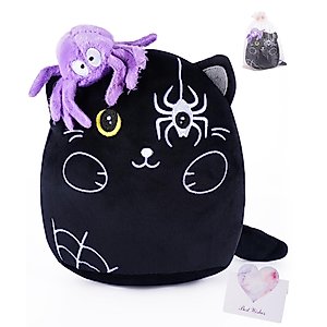 Halloween Plush Cat Stuffed Animals - Black Cats Plush Toys with Purple Spider, Cute Halloween Decor, Kids' Pillow, Gifts for Girls Boys, 8 Inch