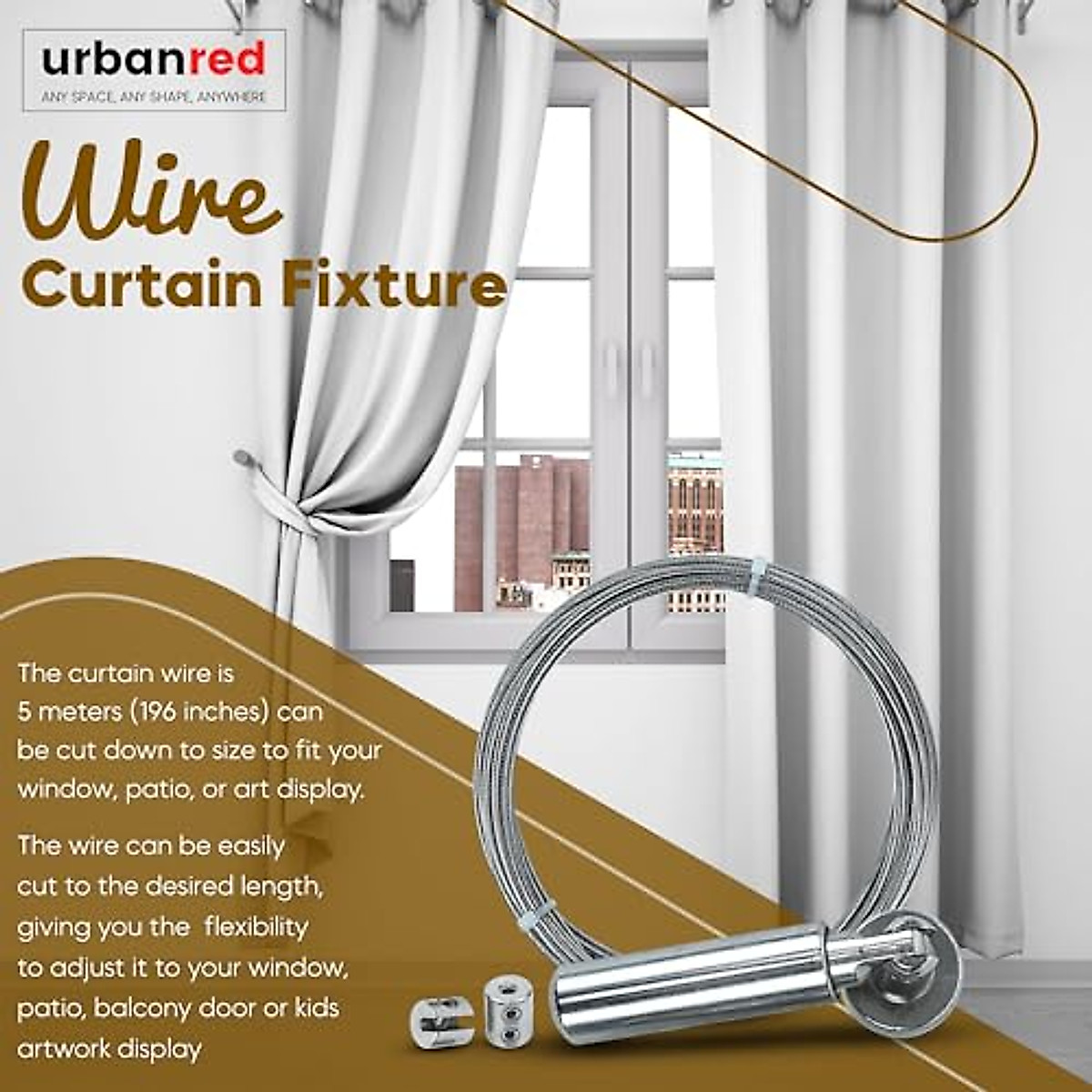 UrbanRed Stainless Steel 16.4 FT (5m) Curtain Wire Rod Set - Curtain Wire Hanging System, Versatile Art Display, Photo Hanging - Wall Mount Clothesline for Windows with Tension Wire Design