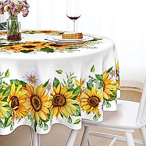 smuxqni Blooming Sunflower Tablecloth Round 60 Inch- Summer Yellow Floral Table Cloth Washable Reusable Farmhouse Sunflower Table Cover Table Cloth for Home Patio Party Picnic