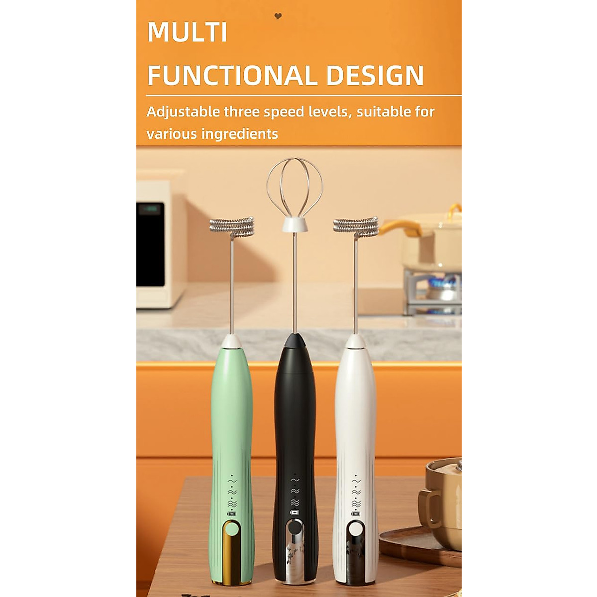 Immersion Blender Handheld, 2-in-1 Hand Blender Electric with USB Rechargeable 3 Speeds, Stainless Steel Blade Stick Blender with Whisk, for Coffee Latte,Hot Chocolate, Egg (Green)