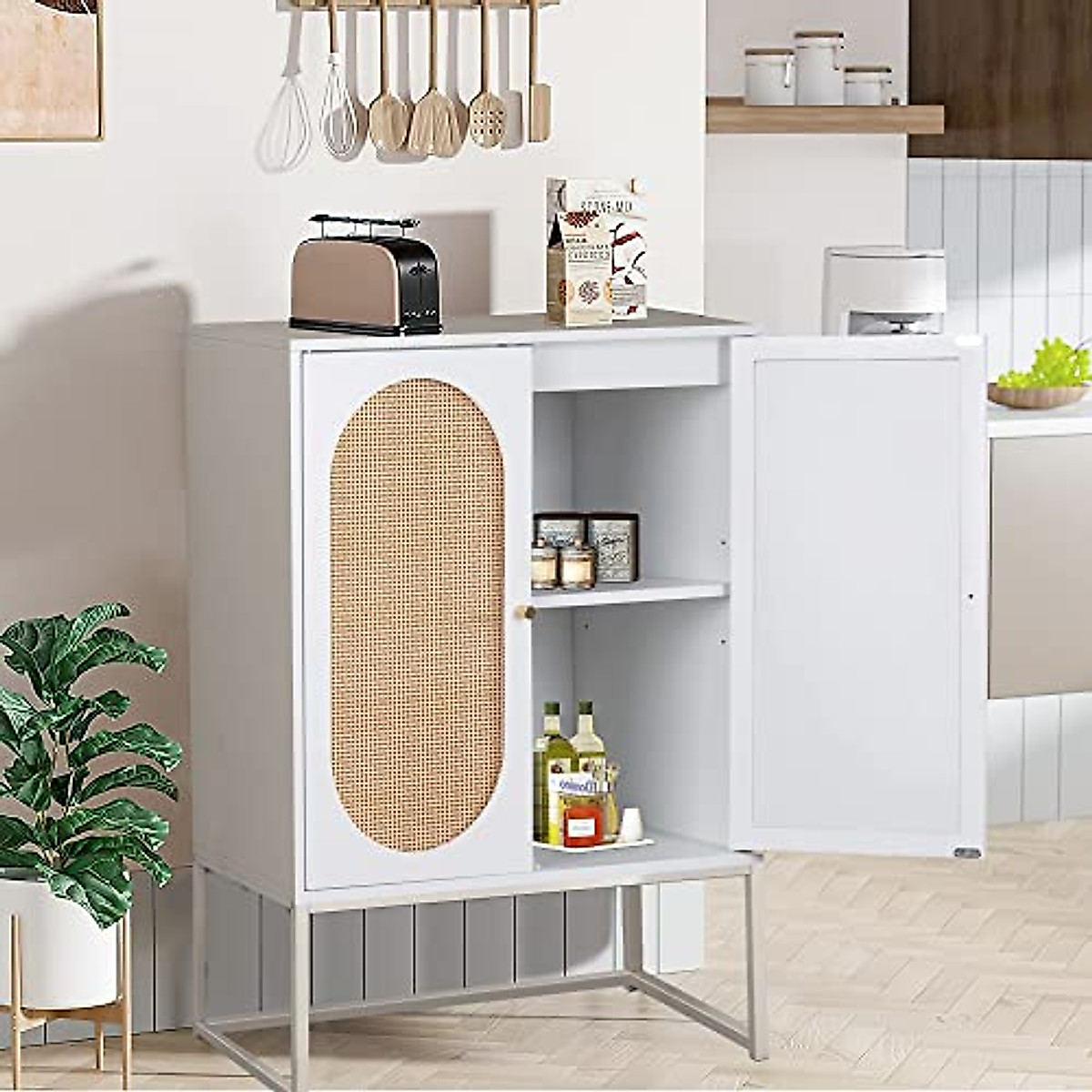 AWQM Natural Rattan 2 Door High Cabinet,Sideboard Buffet Cupboard Accent Cabinet,Adjustable Shelves,Free Standing Bookmatch,Easy Assembly,26.77" L x 15.75" W x 41.34" H,White