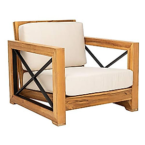 Safavieh CPT1009A Couture Curacao Brazilian Teak Outdoor Patio Club Chair, Natural/White