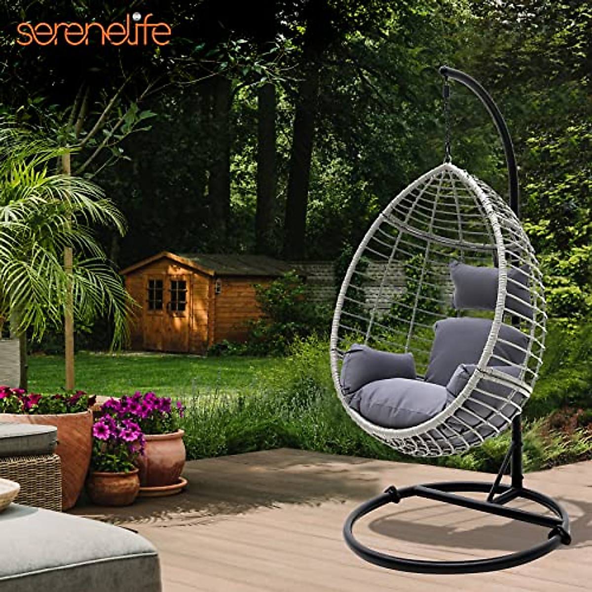 SereneLife Hanging Egg Chair with Stand - Indoor Outdoor Patio Wicker Rattan Lounge Chair with Stand, Steel Frame, UV Resistant Washable Cushions for Garden Backyard Deck Sunroom SLGZ0EGG (Gray)
