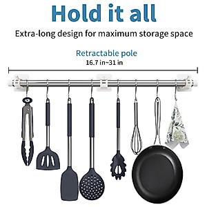 AKEISI Kitchen Utensil Rack,Kitchen Rail 2-Pack 16.7~30inch telescopic bathroom rack, Rail Rack Organizer for Hanging Knives Hanging Pot Rack Utensil Holder with 16 Hooks.