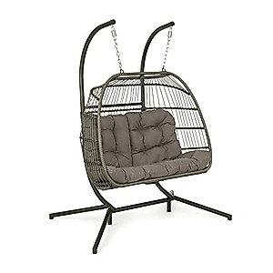 WYKDD 2-Person Hanging Swing Chair with Stand, Hanging Egg Chair, Wicker Rattan Hanging Chair with Cushion for Indoor Outdoor Garden