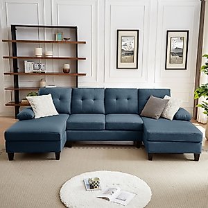 Soscana 111" Sectional Couch for Living Room, 4 Seater U-Shaped Sofa Couches with Double Chaise Polyester Fibre, Blue