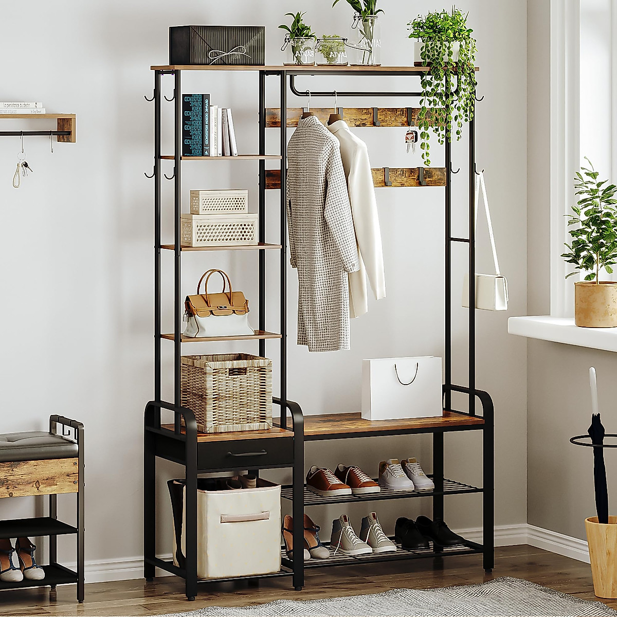 Hzuaneri Hall Tree, Coat Rack with 3-Tier Storage Bench and 1 Drawer, 5-in-1 Entryway Bench with 17 Hooks, 1 Hanging Rod, 4-Tier Side Shelves, Rustic Brown HT03501B