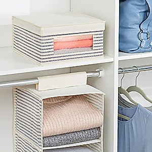 mDesign Medium Fabric Stackable Closet Storage Organizer Box, Front Window/Lid for Bedroom, Office, Mudroom Organization, Hold Clothes, Blankets, Linens, Lido Collection, 4 Pack, Natural/Blue Stripe