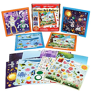 READY 2 LEARN Sticker Art Gallery - Craft Kit for Ages 3-5 - 200+ Stickers - 4 Backgrounds with Frames - Create Sea Life, Space, Robots, Garden Scenes