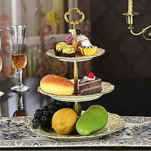 YOLIFE 3 Tiered Cupcake Stand, Cream Color Cake Platters, Flowering Shrubs Emboss Golden Leaves Edge Porcelain Tea Serving Tower Tray for Party Dessert Pastry