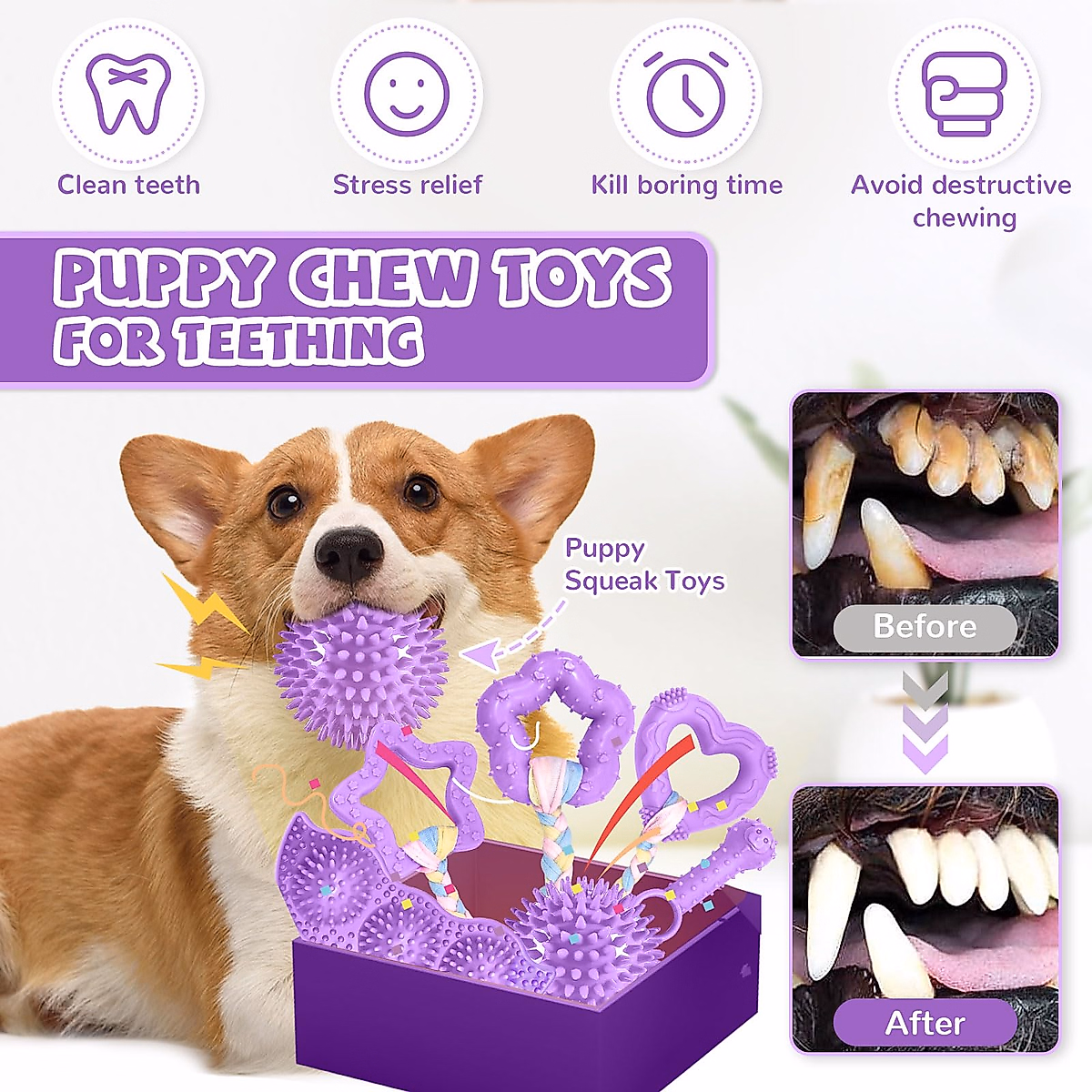 ABRRLO 6 Pack Puppy Teething Toys Cute Small Dog Toys Durable Puppy Chew Toys for Teething Essentials Purple Soft Rubber Small Breed Dog Squeaky Toys Balls for Puppies Interactive Doggy Chews Toys Set