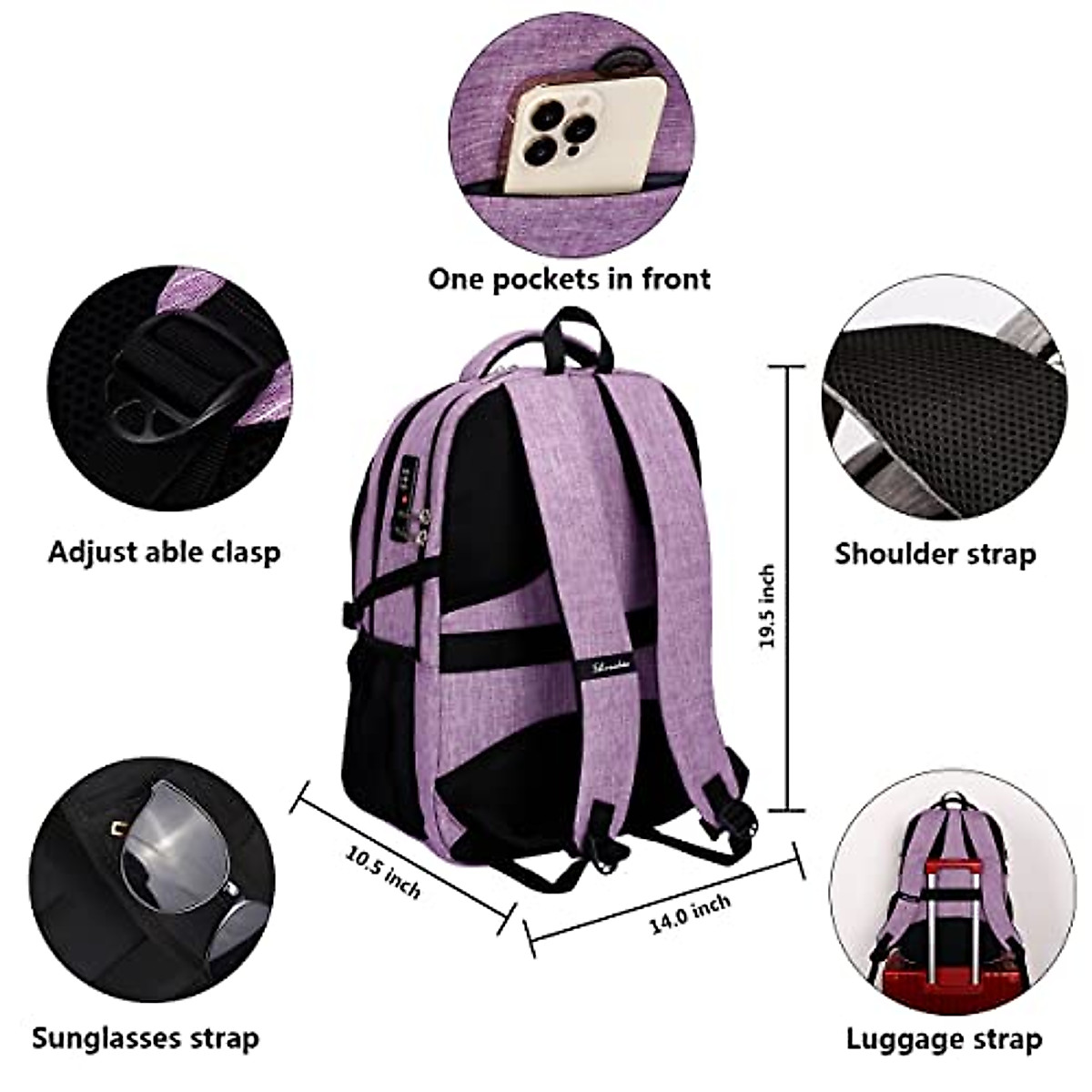 SHRRADOO Anti Theft Laptop Backpack Travel Backpacks with usb Charging Port for Women Men College Backpack Computer Bag Fits 17 Inch Laptop,Purple