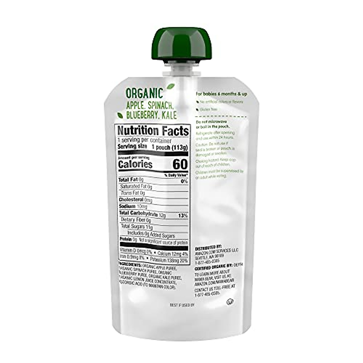 Amazon Brand - Mama Bear Organic Baby Food, Stage 2, Apple, Spinach, Blueberry, Kale, 4 Ounce (Pack of 12)
