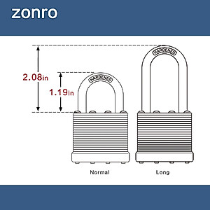 ZonRo Locks Laminated Steel Keyed Padlocks Keyed Alike Locks, Long Shackle Padlocks, for Hasp Latch, Sheds, Fences, Storage Locker, School, Gym，Pack of 6