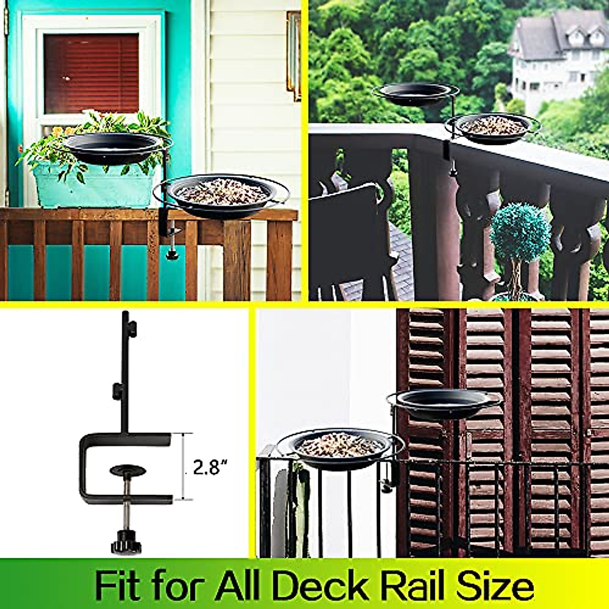 Solution4Patio Expert in Garden Creation Urban Apartment Deck Rail Bird Feeder & Bird Bath, Balcony Platform Removable Metal Tray 8" Dia, Not Blowing Away, Adjustable Clamp Bracket #G-B124A00-US