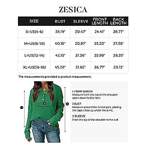ZESICA Women's 2023 Casual V Neck Sweater Loose Long Sleeve Waffle Knit Button Henley Pullover Jumper Top,Green,Small