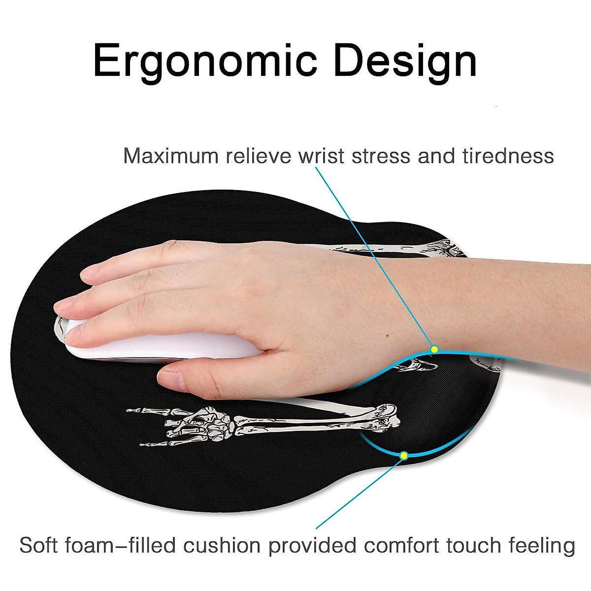 Britimes Ergonomic Mouse Pad with Wrist Support Black Human Skeleton Non-Slip Rubber Base Mousepad for Home Office Gaming Working Computers Laptop Easy Typing & Pain Relief