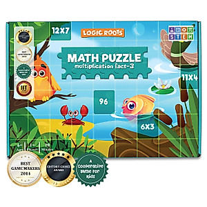 Logic Roots Math Puzzle for Kids - Multiplication Table 10-12 Practice, Fun STEM Toy for 7-8 Year Olds, 4 Foam Puzzles with 10 Pieces Each, Learning Gift for Kids, Homeschoolers, Grade 1 and Up