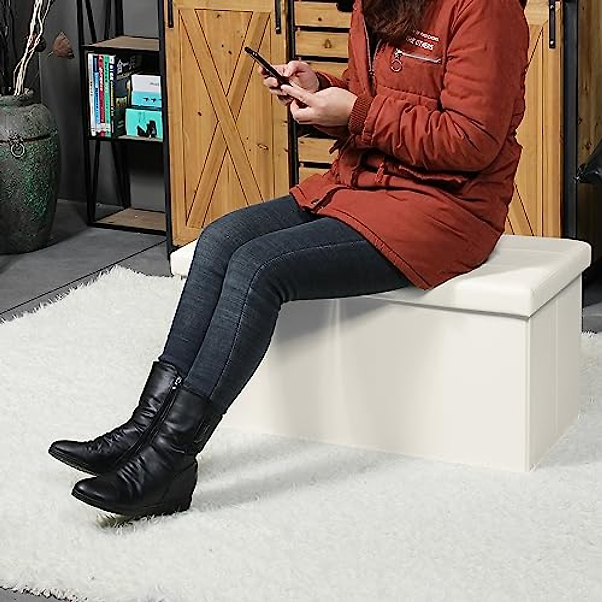 B FSOBEIIALEO Storage Ottoman with Filpping Lids, Ottoman Storage Bench Footrest Seat, Storage Chest Faux Leather 30"x15"x15" (White)