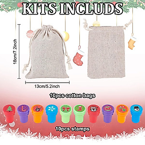 WEBEEDY 10 Sets Christmas Bag DIY Kit Burlap Gift Bags Drawstring Pouch To Stamp Small Candy Goody Bag 5.1x7.1 with 10 Styles Christmas Seal Stamps for Christmas Stocking Xmas Party Favors