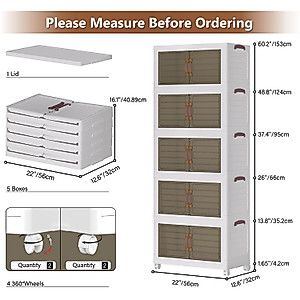 SIRIRIC Storage Bins with Lids- 5 Tiers 275Qt Plastic Collapsible Storage Bins, Closet Organizers and Storage, Folding Storage Box with Wheels, Large Stackable Storage Bins with Front Door