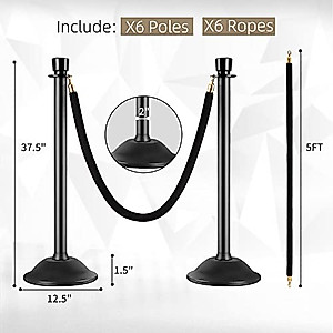 HABUTWAY 6PCS Plastic Stanchions Post, 6 Black Velvet Ropes Queue Rope Barriers, Crowd Control Stanchion, Sand/Stone Injection Hollow Base and Velvet Ropes Set for Party Supplies Easy Connect Assembly