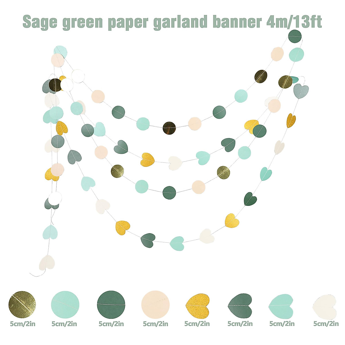 18 PCS Sage Green Party Decorations Sage Green Paper Fans Lanterns Sage and Gold Tissue Paper Pom Poms with Heart and Dot Hanging Garlands for Bridal Baby Shower Wedding Birthday Party Decorations