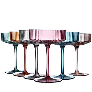 LUXULISH Art Deco Colored Vintage Coupe Glasses, Ribbed Crystal Handmade Martini, Cocktail & Champagne Glasses, Perfect for Dessert, Manhattan, Cosmopolitan, Gimlet, Pisco Sour - 7Oz