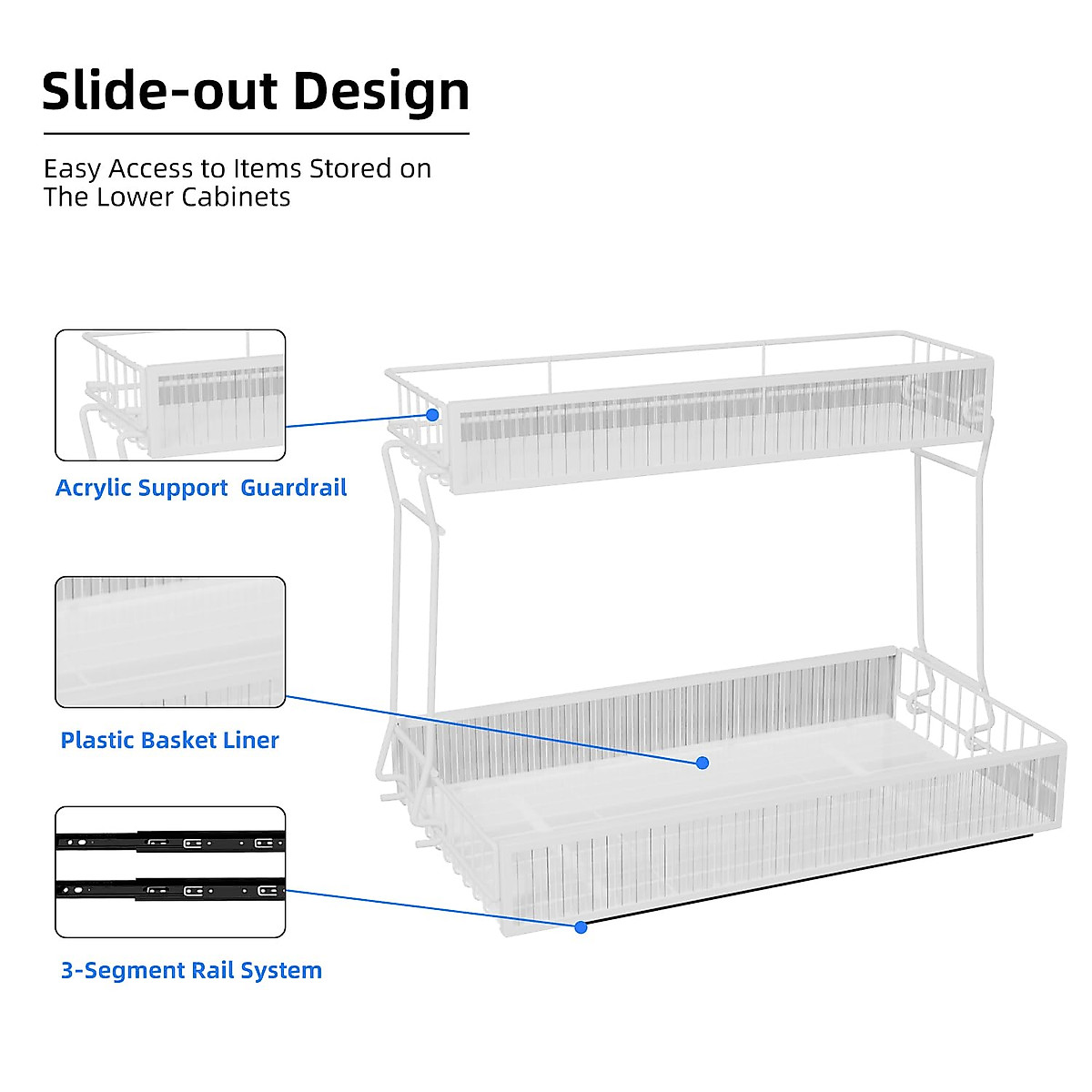 Lxmons 2-Tier Under Sink Slide Out Organizer, Pull Out Cabinet Storage Shelf with Sliding Storage Wire Basket Drawer for Bathroom Kitchen, Countertop or Pantry Storage Shelf, White