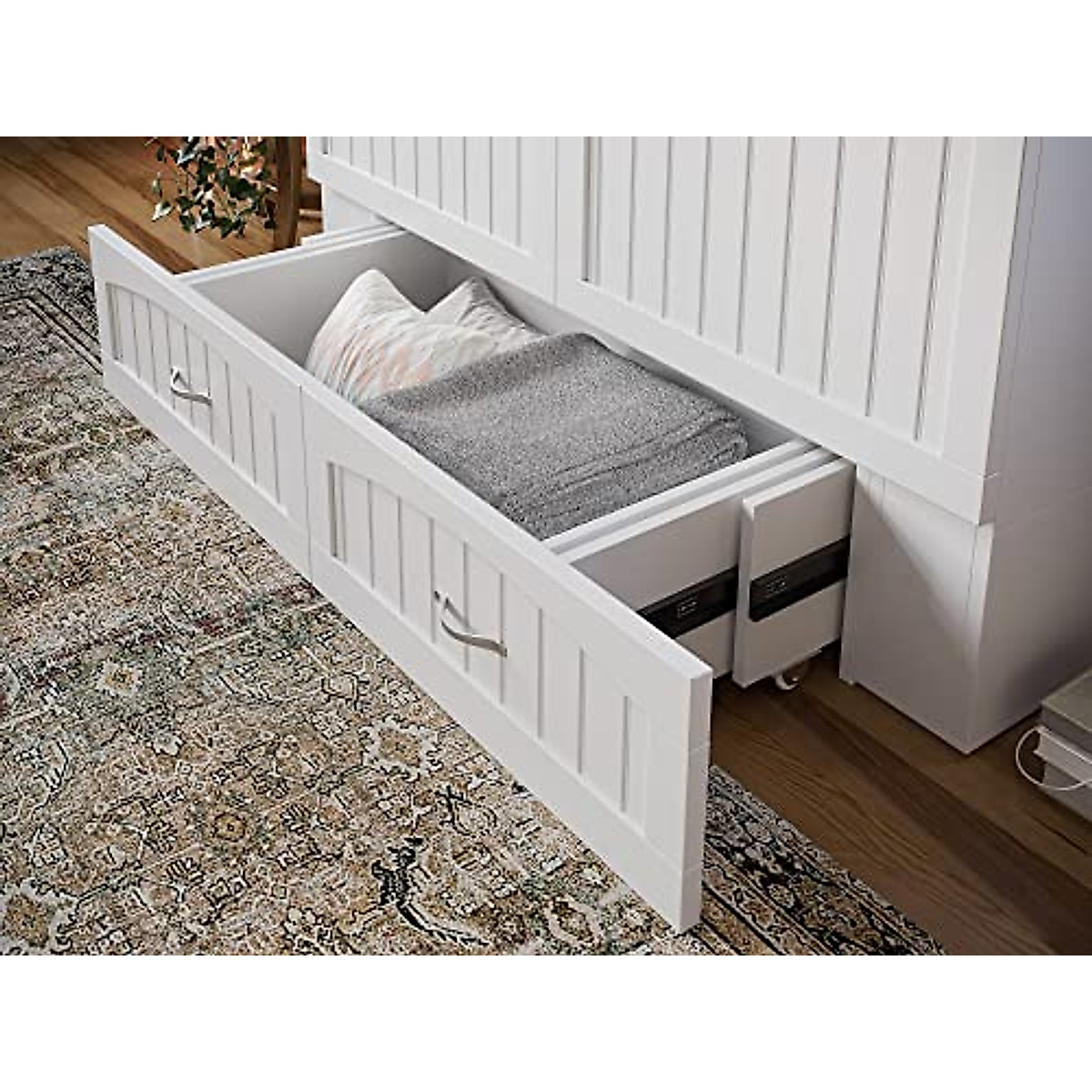 AFI, Southampton Murphy Bed Chest with 6 inch Memory Foam Folding Mattress, Built-in Charging Station and Storage Drawer, Full, White