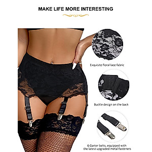 ohmydear Womens Garter Belt for Thigh Highs Plus Size Floral Lace Garter Belt with 6 Straps for Stockings (With Stockings) Black