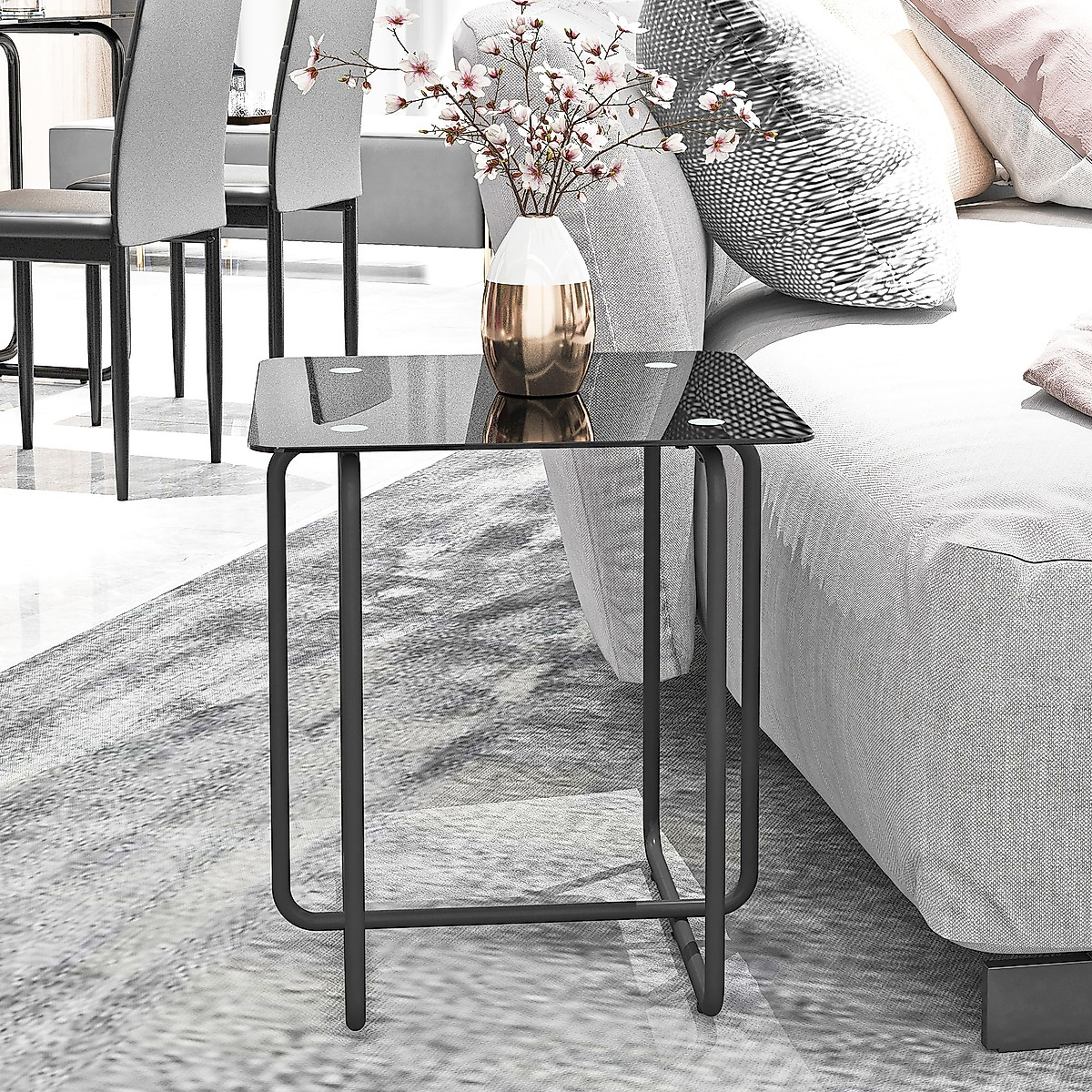 Square Side Table with Tempered Glass Top, Modern End Table with Black Metal Frame, Small Coffee Table Nightstand for Living Room Bedroom. (Black Glass)
