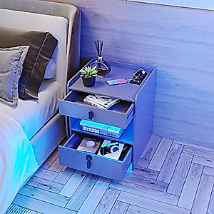 Dytler RGB Smart Nightstand, with Wireless Charging Station and USB Port, Modern Bedside Table, Bedroom LED Night Stand, 2 Drawers, Lockable, Home Office end Side Cabinet(Grey)