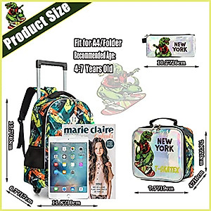 Rolling Backpack for Girls Boys Wheels Backpacks for Kids Luggage Trolley School Backpack with Lunch Box and Pencil Case for Elementary Preschool Students Dinosaur