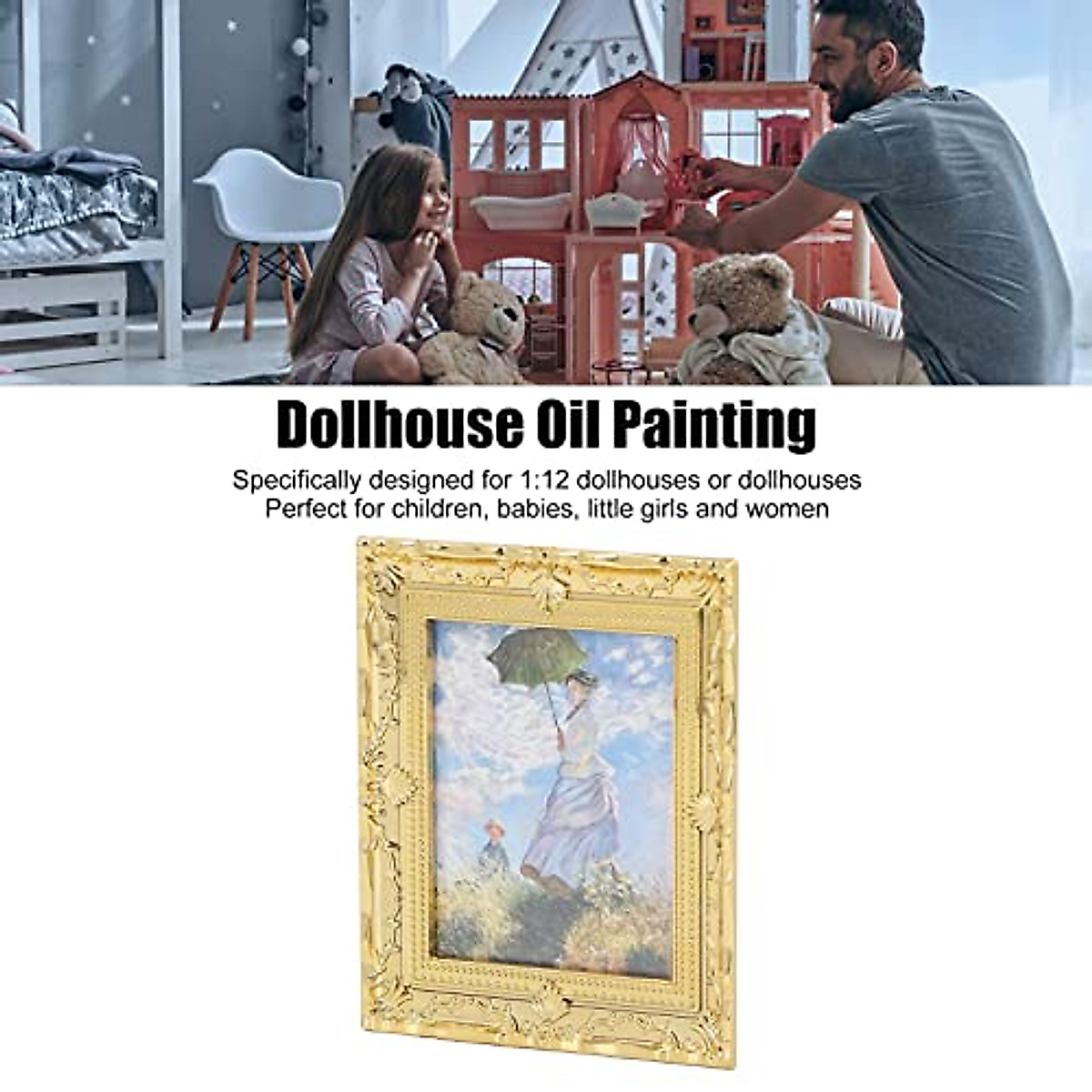 CUTULAMO Miniatures Oil Painting, Exquisite Acrylic Beautiful Miniatures Art Painting High Light Transmission for Girls for 1:12 Miniature Doll House(Umbrella Girl)