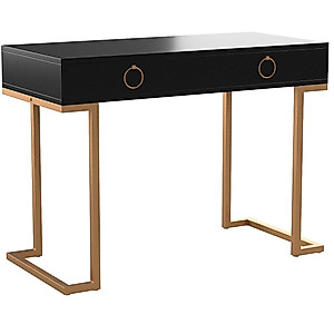 Nathan James Leighton Two-Drawer Writing Glam Accents Brass, Home Office Computer Desk or Vanity Table, 2, Black/Gold