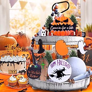 FEEIN Halloween Tiered Tray Decor Set Halloween Wooden Signs Fall Pumpkin Tiered Tray Decoration Items for Indoor Home Table House Room Kitchen Party