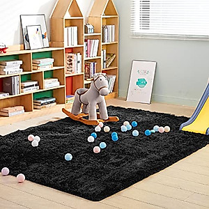 LFHHT Modern Indoor Fluffy Area Rug 5x7 Feet, Black Plush Fuzzy Shaggy Rugs for Living Room Bedroom Nursery Dorm Room Home Decor, Carpet Shag Rugs for Kids Girls Boys, Black