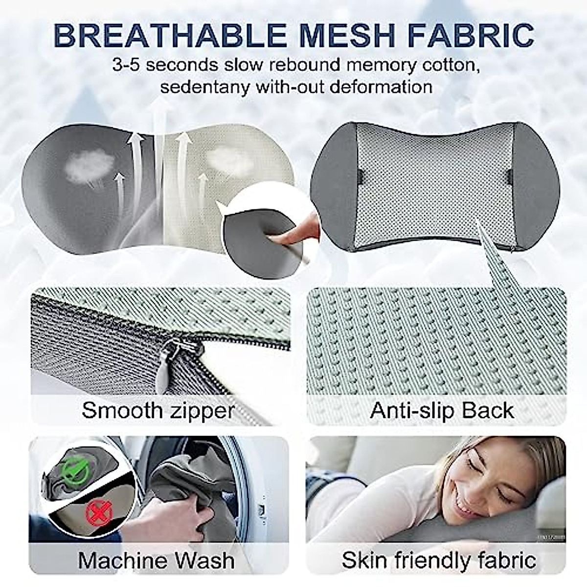 Dikuer Lumbar Support Pillow for Office Chair and Car Seat with Adjustable Strap, Anti-Slip Back Support Pillow for Lower Back Pain Relief, Ergonomic Memory Foam with Washable Cover for Bed, Travel