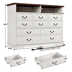 EnHomee 10 Drawers Dresser for Bedroom 55.2''Wide Wood Dresser White Dresser with LED & Power Outlet Large Dressers & Chests of Drawers for Closet,Hallway, 55.2" W x 39.4" H x15.8 D