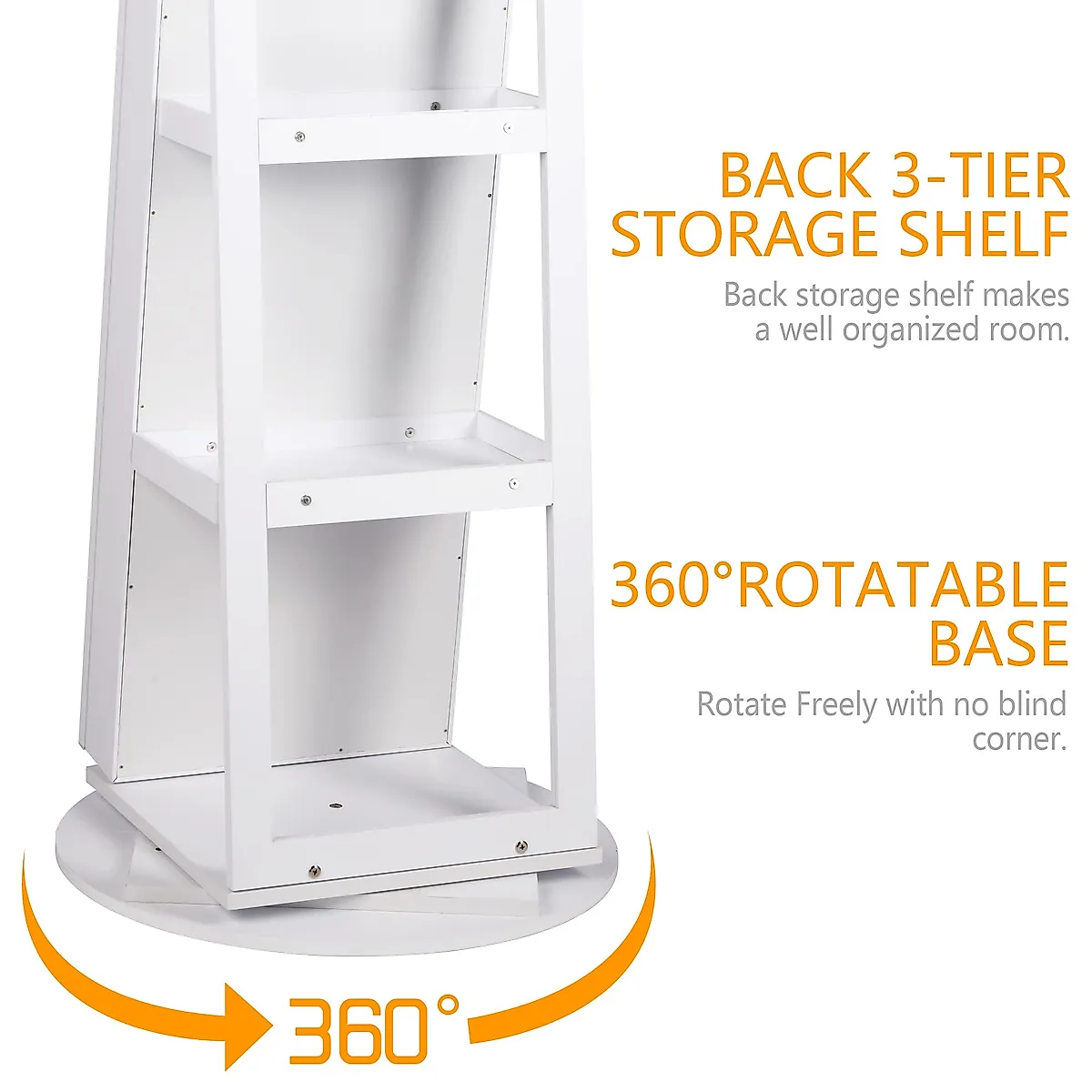 LVSOMT 360° Swivel Jewelry Armoire Cabinet, Full Length Mirror with Jewelry Storage, Standing Jewelry Armoire Organizer with Mirror, Rotatable, Large Capacity (White)