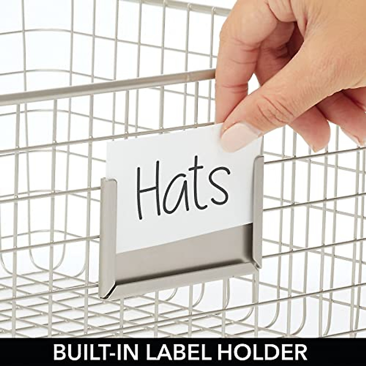 mDesign Wide Metal Farmhouse Storage Organizer Bin Baskets with Label Slot for Closet, Cabinet, Cupboard - Wire Organizing Basket Holds Clothing, Linens, Shoes, Omaha Collection, 2 Pack, Satin