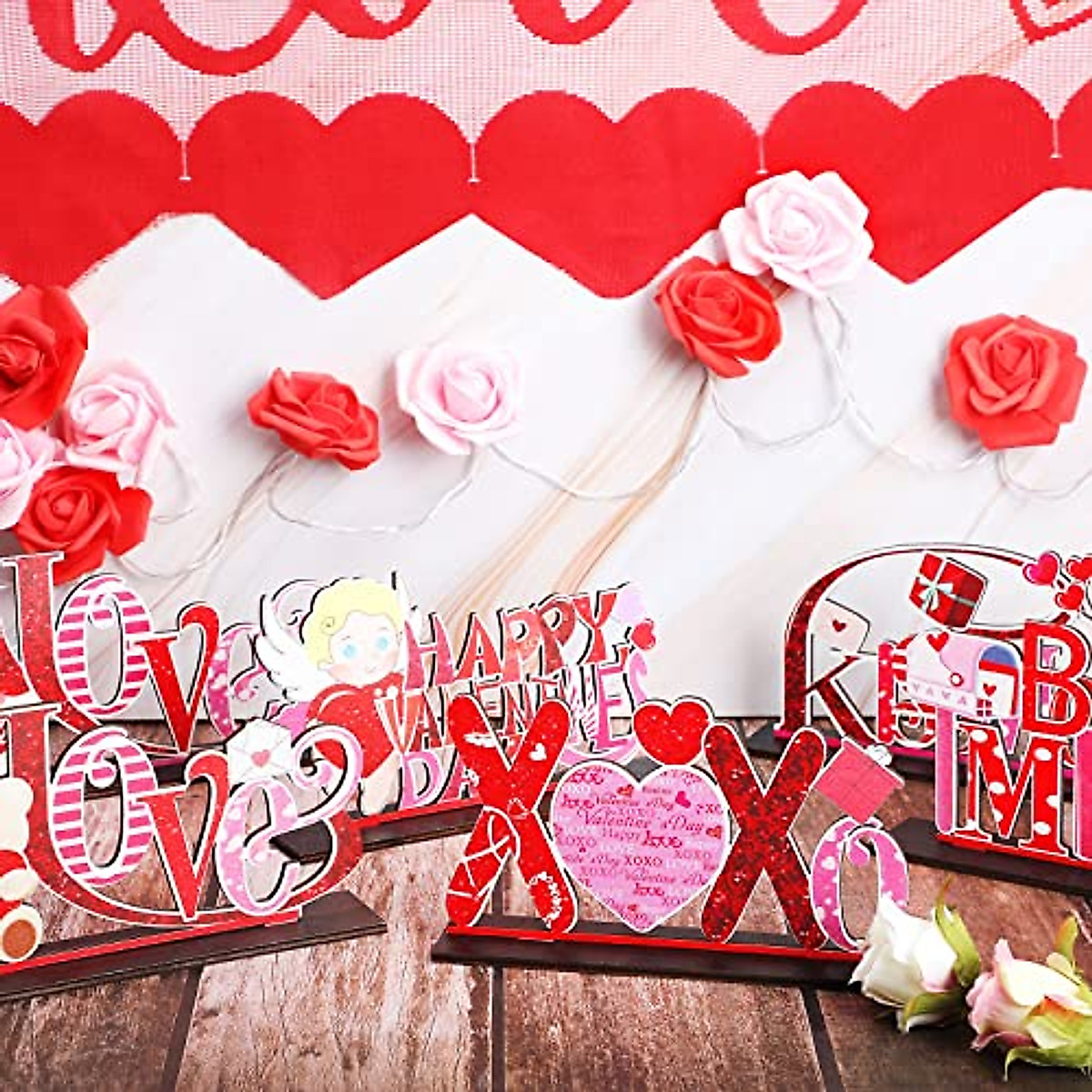 Jetec 7 Pieces Valentine's Day Table Decorations Set Wooden Heart Table Centerpiece Love Wood Sign with LED Rose Lamp String Light Valentine Decorations for Home Anniversary Wedding Party Decors
