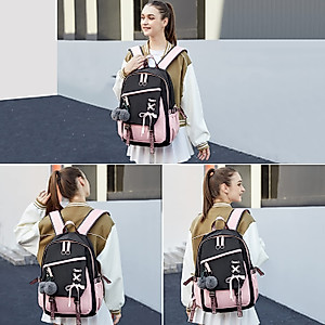 FENGDONG Teenage Girls Bookbag School Backpack Children Casual Daypack Schoolbag for Teens Black Pink