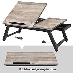 SONGMICS Laptop Desk for Bed or Sofa with Adjustable Tilting Top, Breakfast Serving Tray with Height Adjustable Folding Legs, Fits Screen Size up to 15.6 Inches, Floor Desk, Greige ULLD105W01