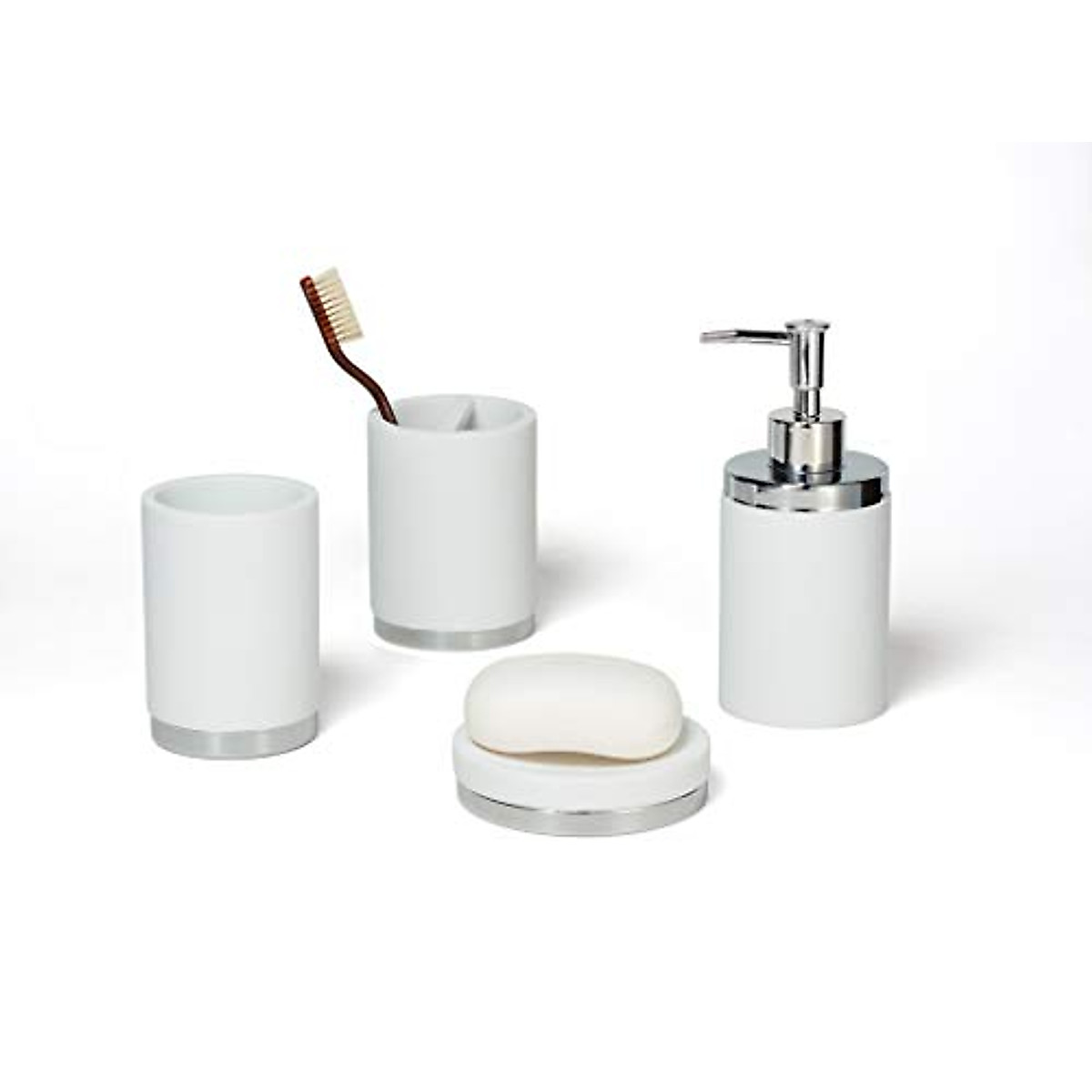 Roselli Trading Company 4pc - Hotel Bath Bathroom Accessory Set - Toothbrush Holder, Tumbler, Soap Dish, and Lotion Pump
