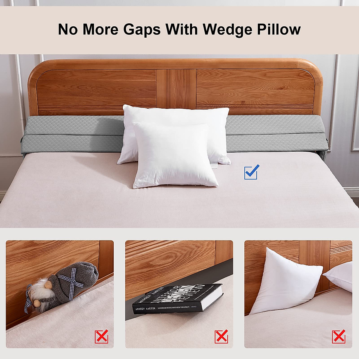 EUHAMS Queen Size Bed Wedge Pillow - Bed Gap Filler Mattress Wedge Headboard Pillow Close The Gap 0-7" Between Your Headboard and Mattress or Wall for Sleeping Backrest Pillow (60"x10"x6" Gray)
