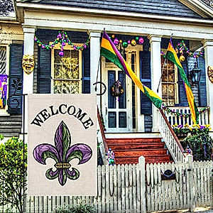 CROWNED BEAUTY Mardi Gras Fleur de Lis Welcome Garden Flag 12×18 Inch Small New Orleans Vertical Double Sided Flag for Outside Yard Carnival Celebration Farmhouse Décor CF031-12